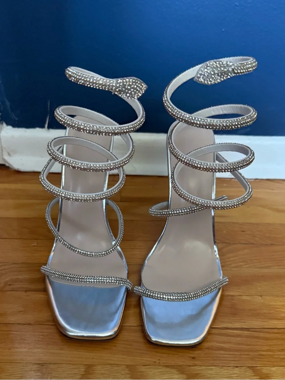 SHEIN | Shoes | Shein Silver Rhinestone Spiralstrap Stiletto Heels ...